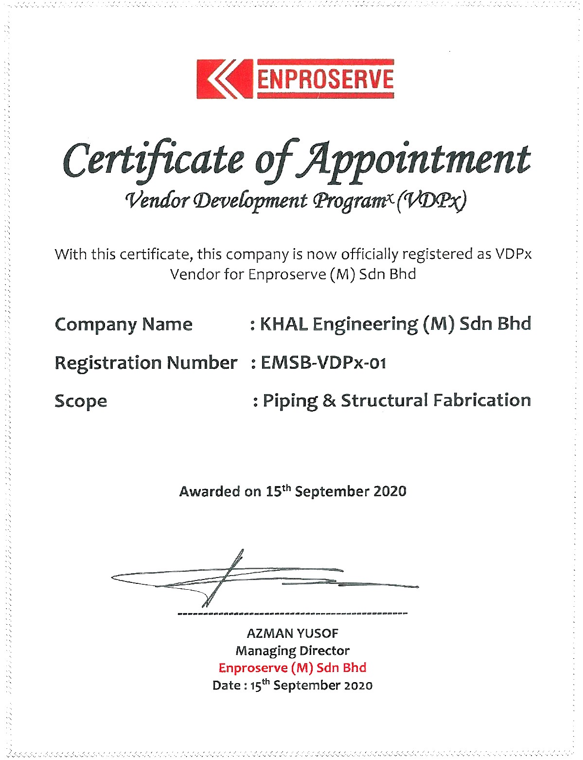 Certificate – Khalengineering Sdn. Bhd.